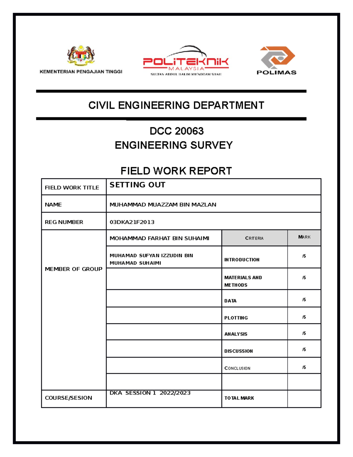 DCC 20063 Field Work Report: Setting Out in Civil Engineering - Studocu