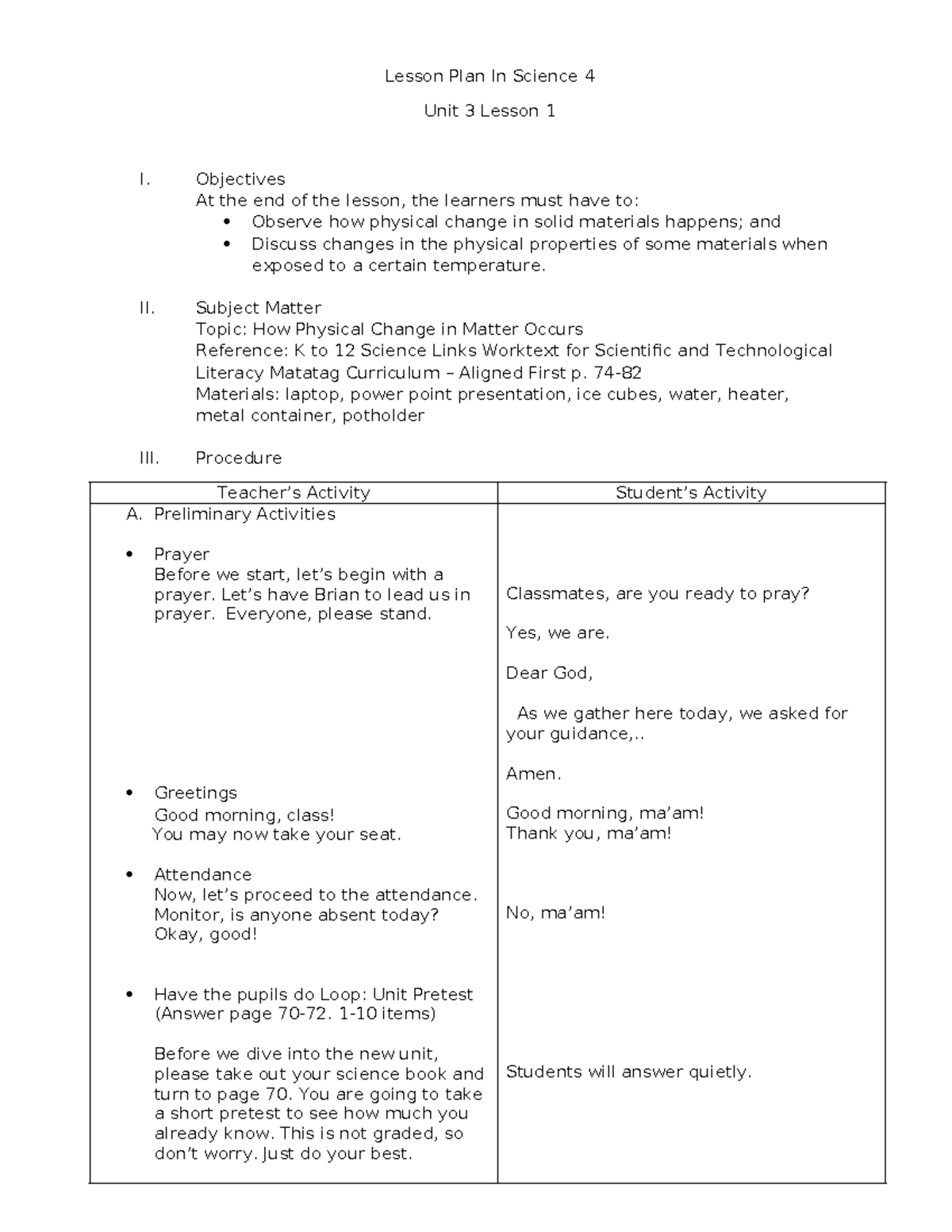 Unit 3 Lesson 1: Understanding Physical Changes in Matter - Studocu