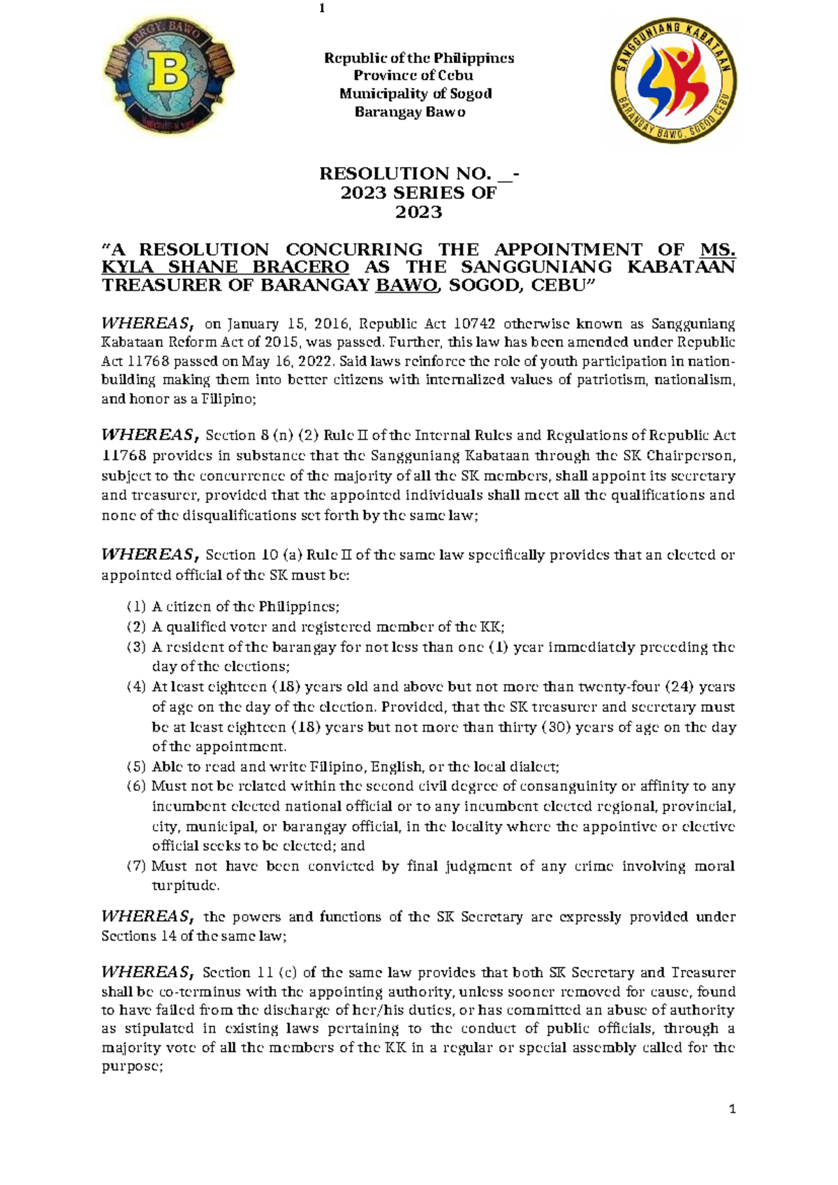 Appointment Resolution for SK Treasurer: MS. KYLA SHANE BRACERO - Studocu