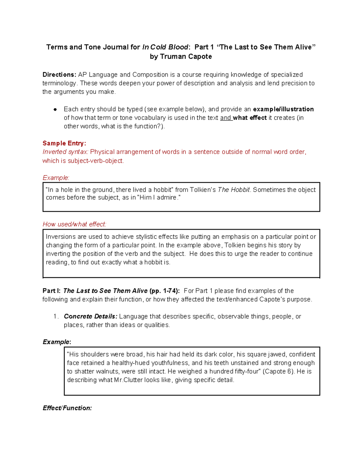 Terms and Tone Journal for AP Lang: In Cold Blood, Part 1 Analysis ...