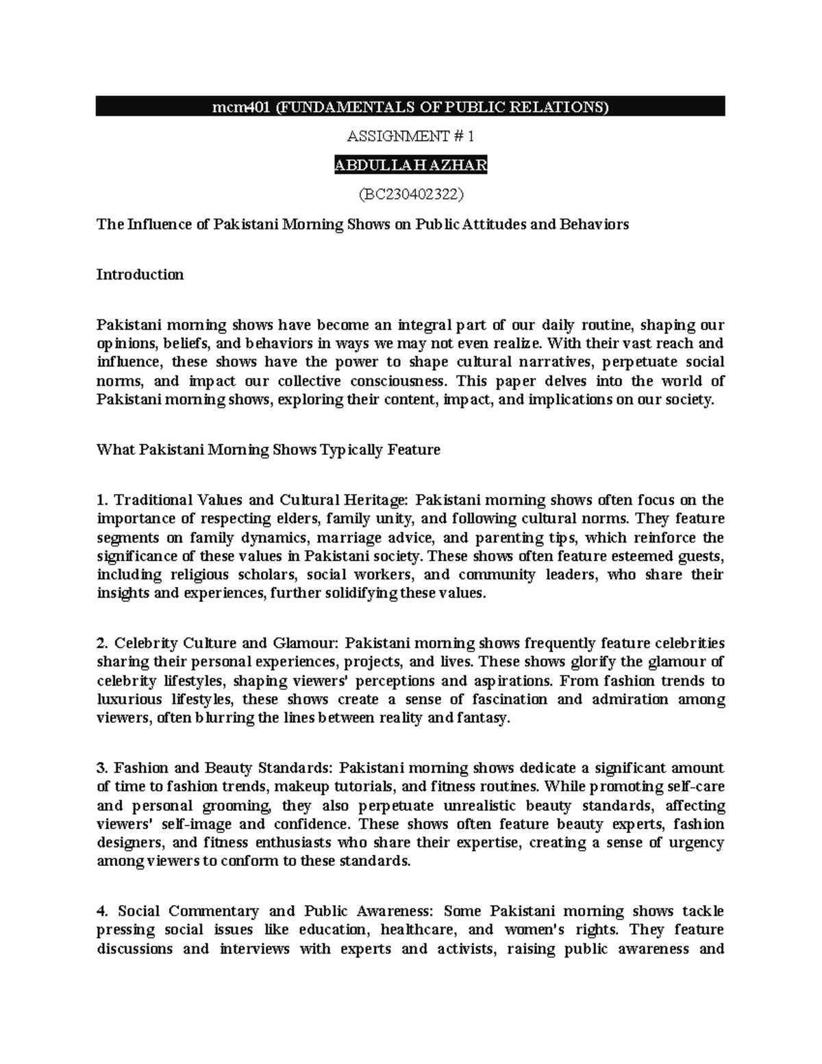 MCM401 Assignment 1: Impact of Pakistani Morning Shows on Society - Studocu