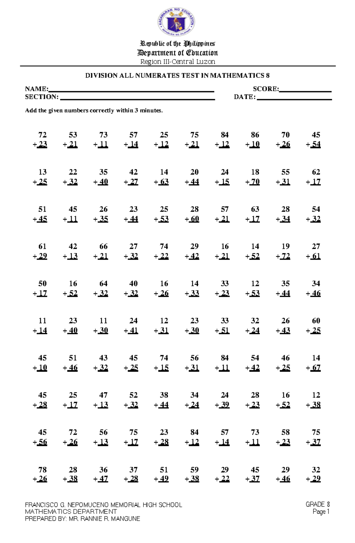 4fs gr 8 - practice in 4 fundamental operation - FRANCISCO G ...