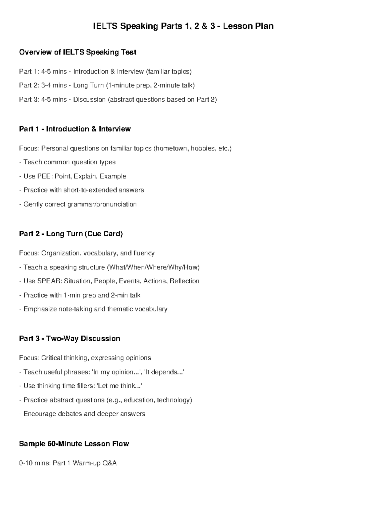 IELTS Speaking Lesson Plan: Parts 1, 2 & 3 Overview - Studocu