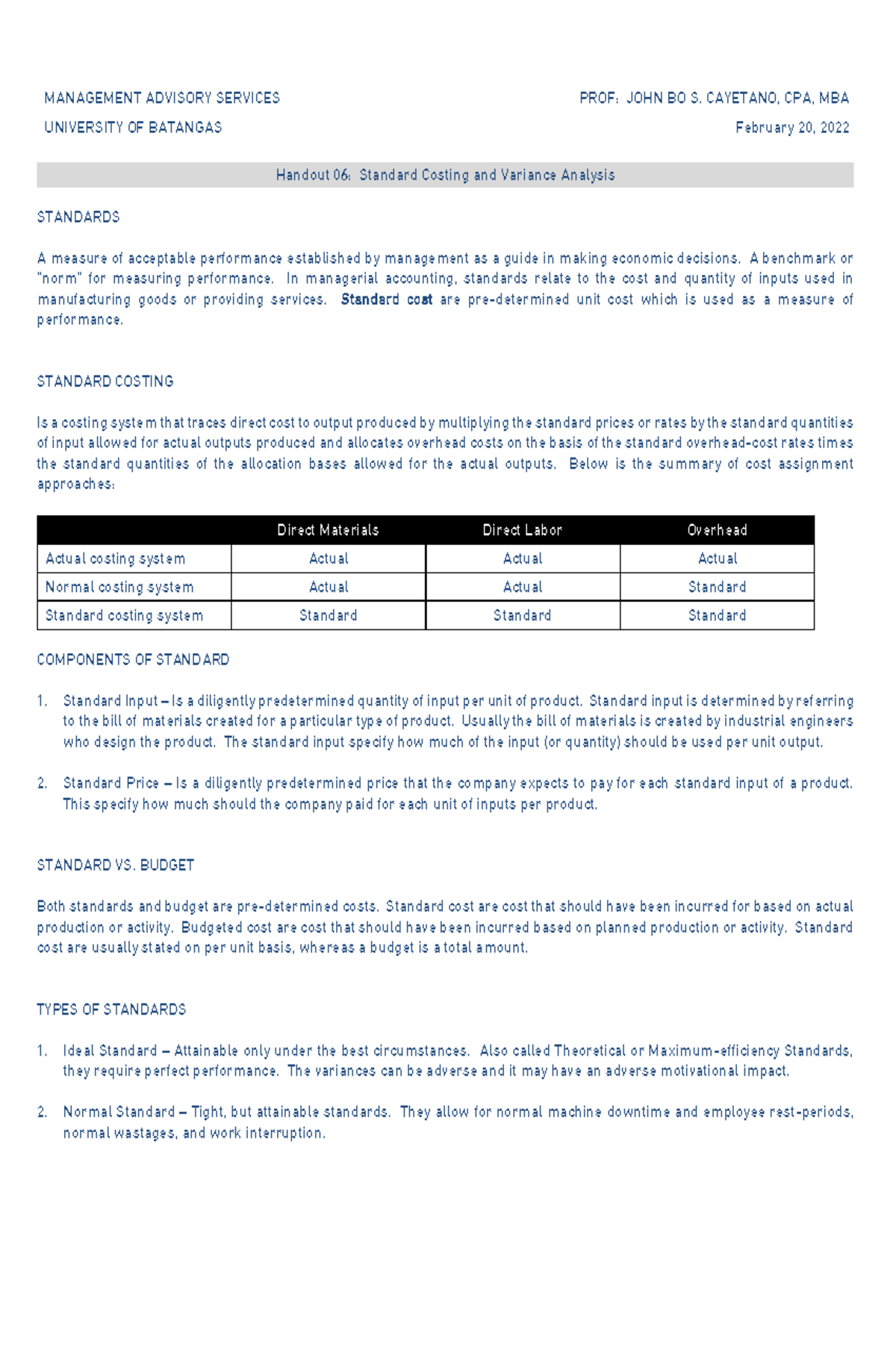 MAS 06 - Handout on Standard Costing and Variance Analysis - Studocu