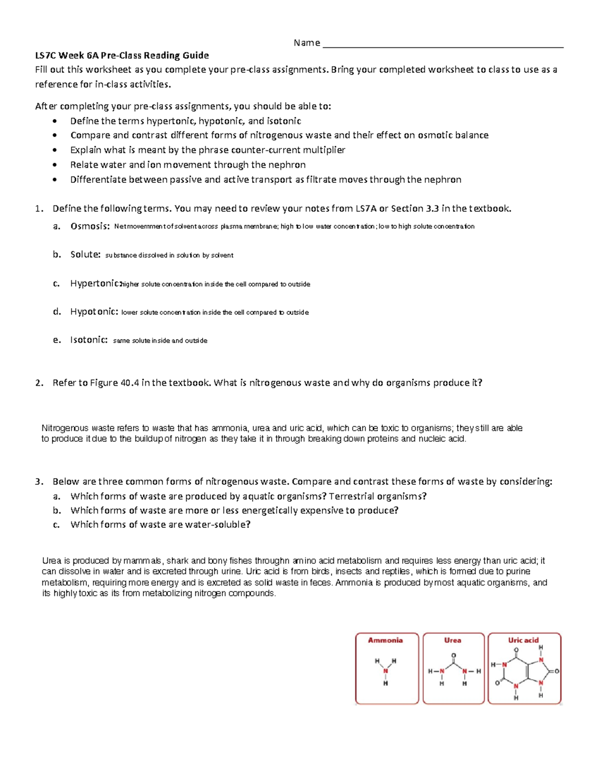 LS7C Week 6A Pre-Class Reading Guide: Osmosis & Nitrogenous Waste - Studocu