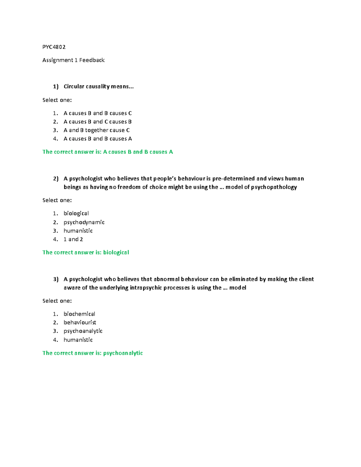 PYC4802 Assignment 1 Feedback - PYC Assignment 1 Feedback 1) Circular causality means... Select ...