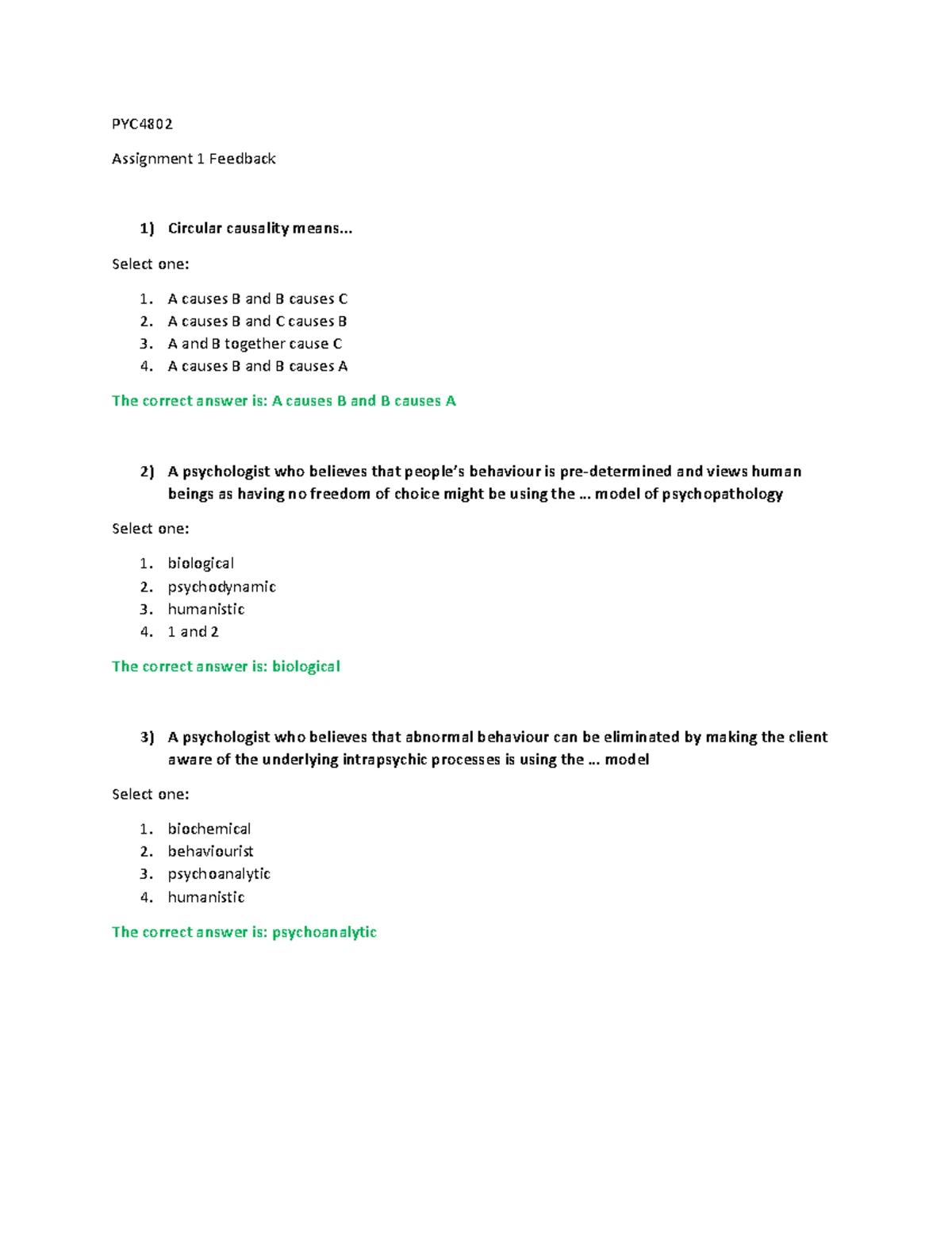 PYC4802 Assignment 1 Feedback - PYC Assignment 1 Feedback 1) Circular causality means... Select ...