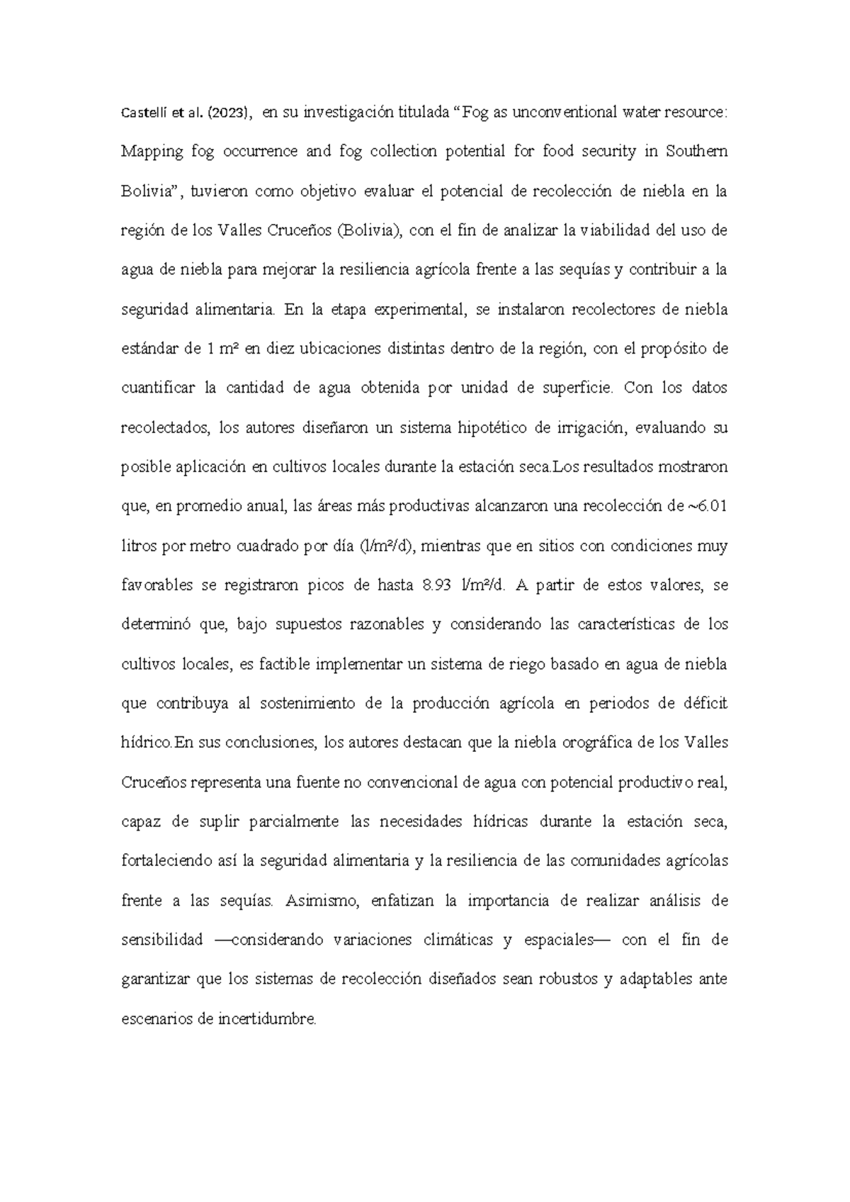 Recolección de Niebla y Seguridad Alimentaria en Valles Cruceños - Studocu