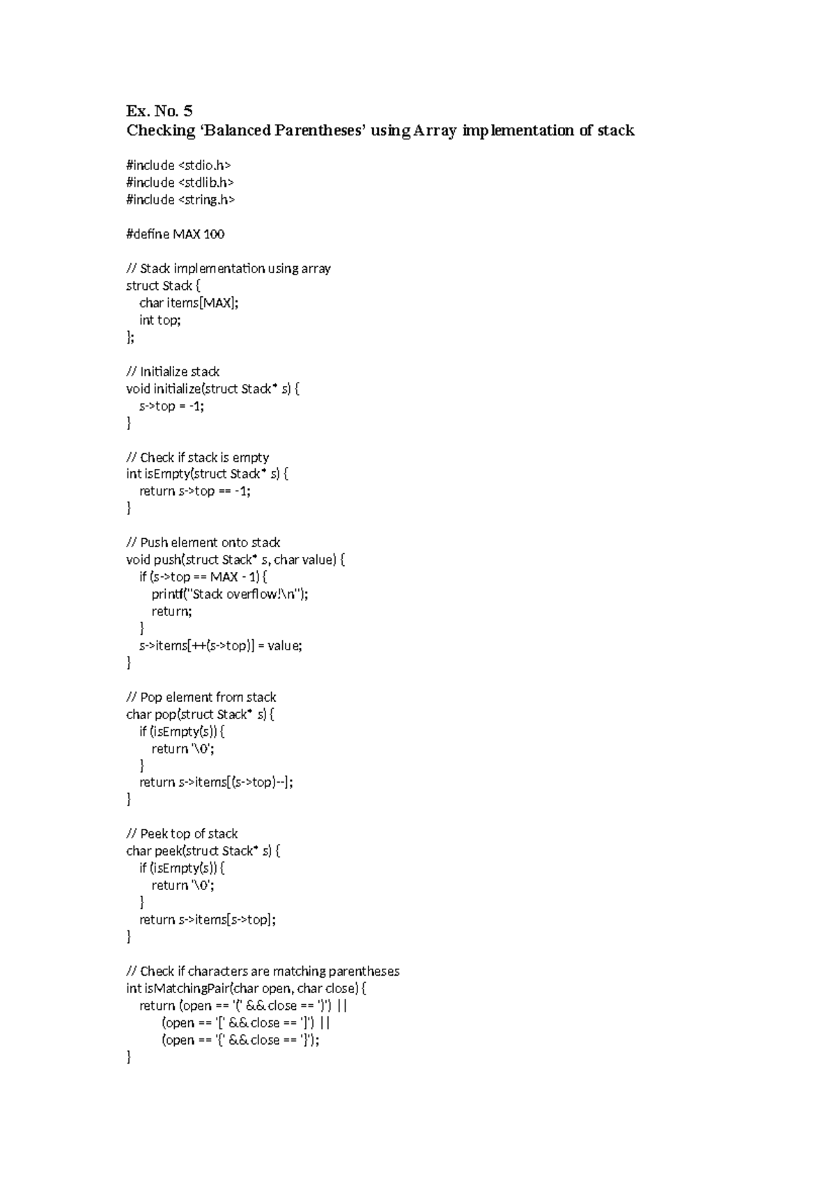 Balanced Parentheses Check - Ex. No. 5 Stack Implementation - Studocu