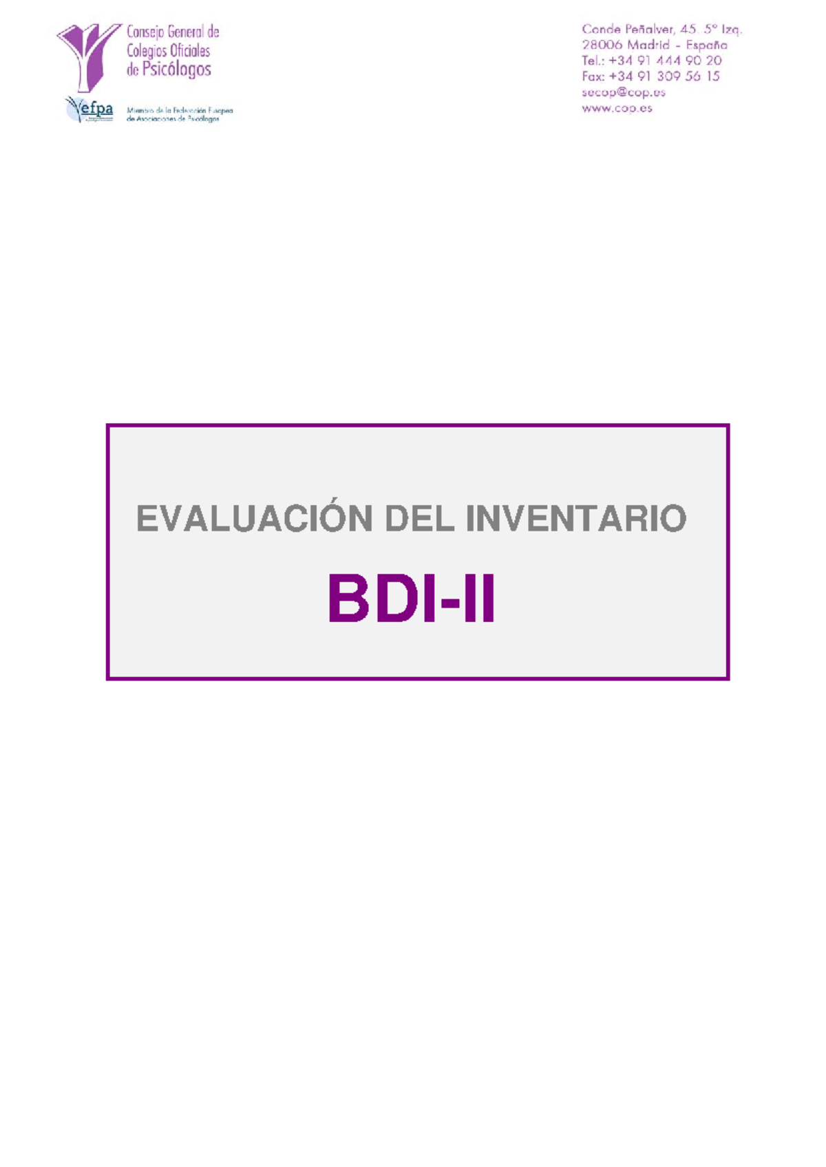 BDI-II Evaluación y Análisis del Inventario de Depresión de Beck II - Studocu