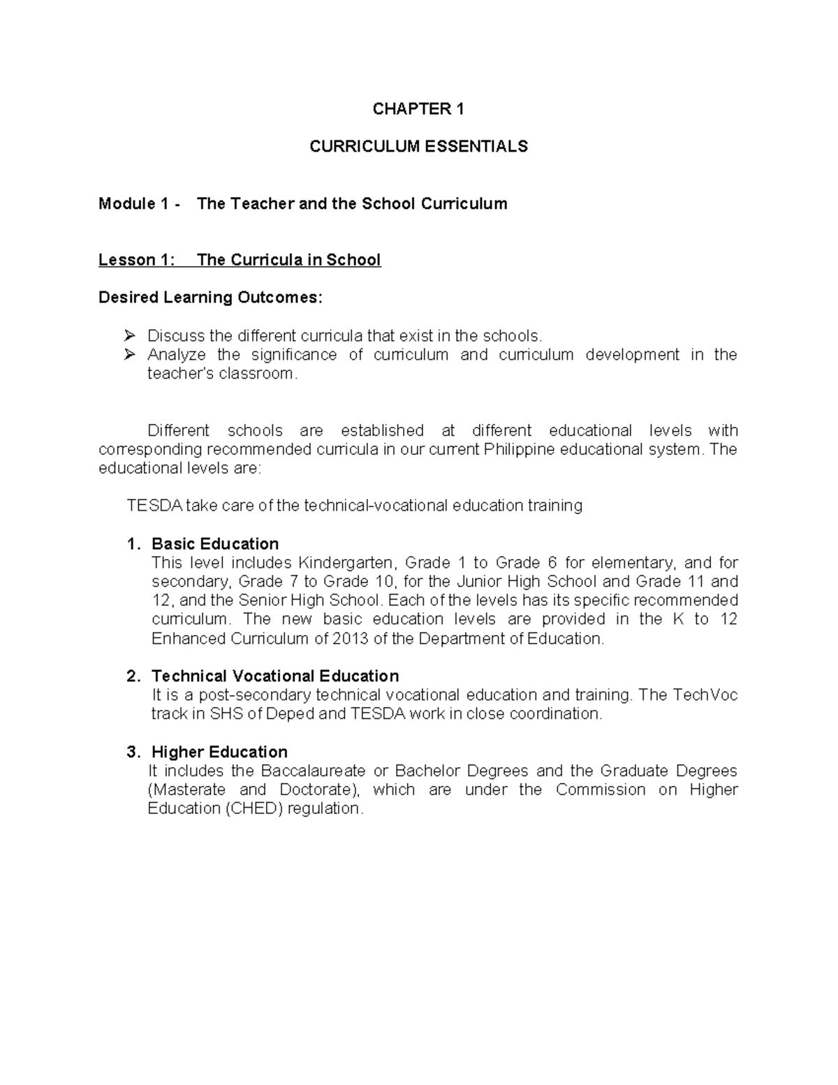 Chapter 1 Modules 1 2 - curriculum - CHAPTER 1 CURRICULUM ESSENTIALS ...