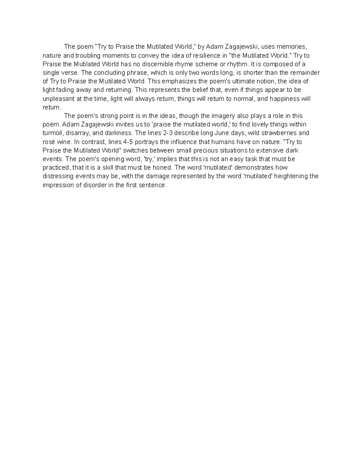 "ENG 201: Poetry Analysis of Adam Zagajewski's 'Try to Praise the ...