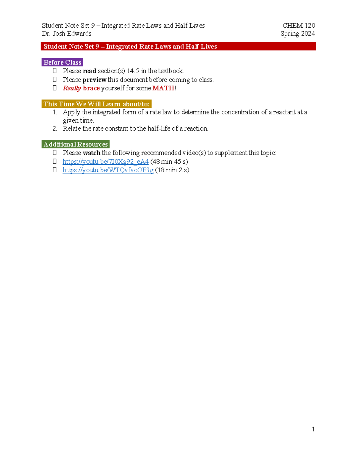 Student Note Set 9: Integrated Rate Laws & Half-Lives | CHEM 101 - Studocu