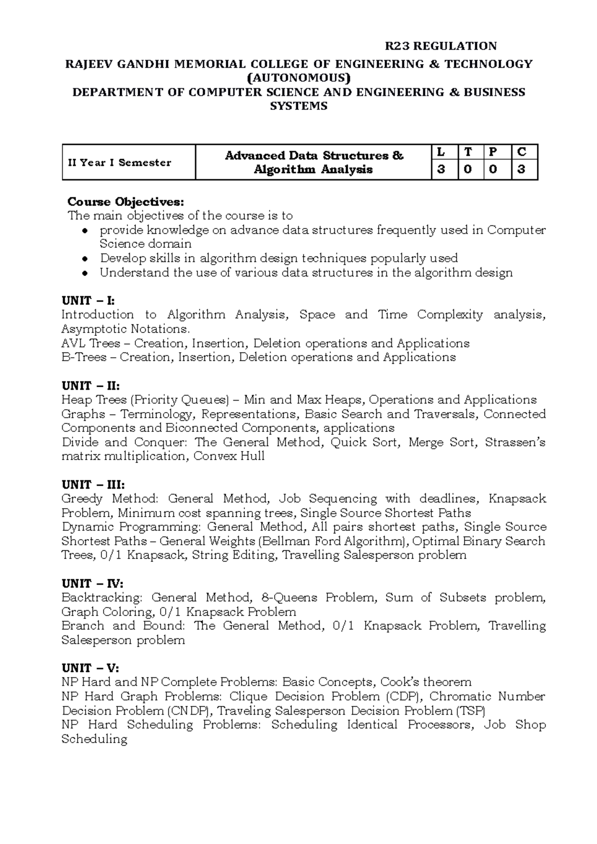 Advanced Data Structures & Algorithm Analysis - CS II Year I Sem - Studocu