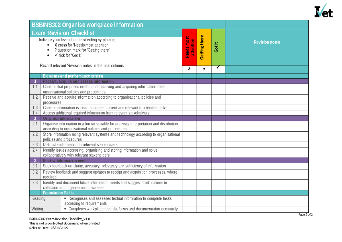 BSBINS302 Organise Workplace Information Exam Revision Checklist - Studocu