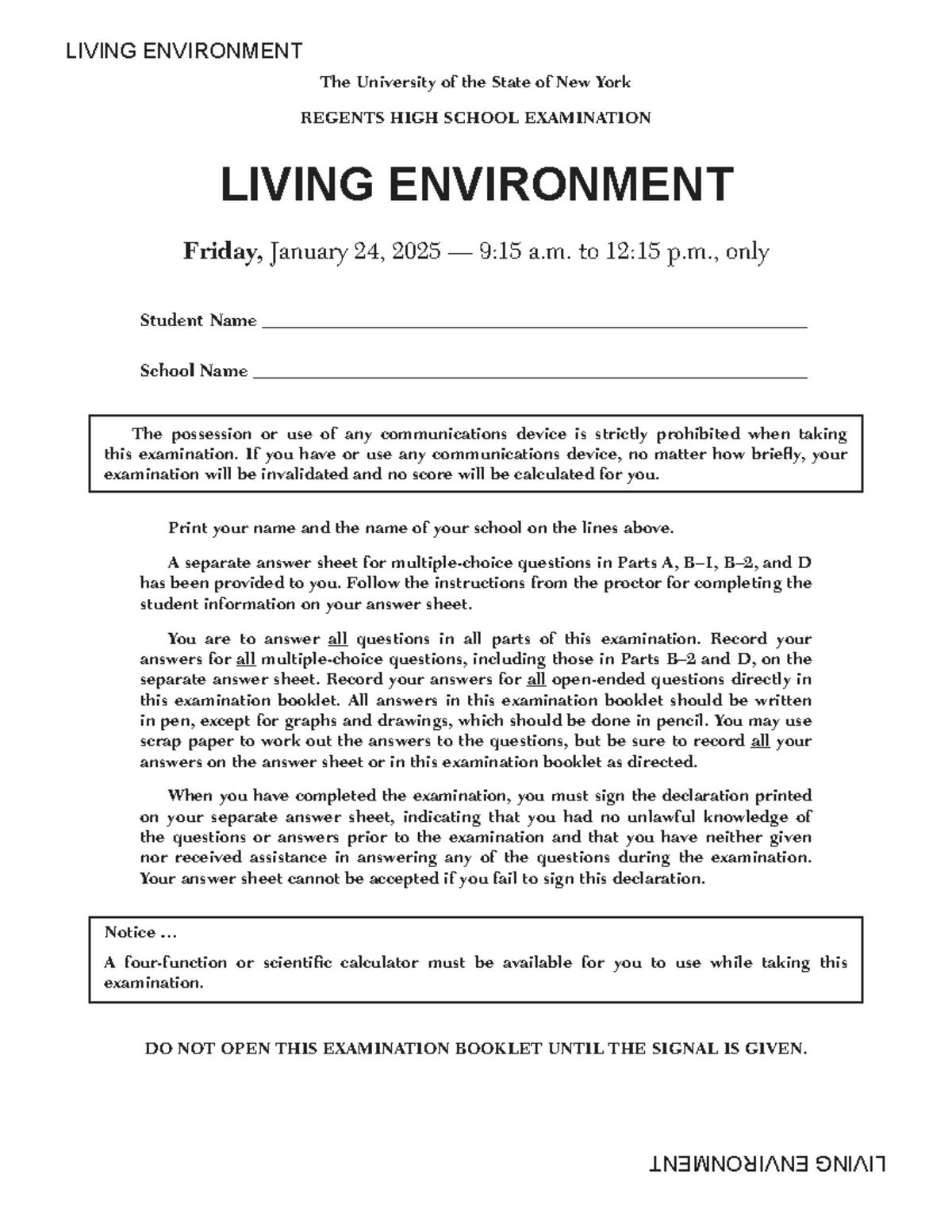 LIVING ENVIRONMENT REGENTS EXAMINATION - JANUARY 2025 - Studocu