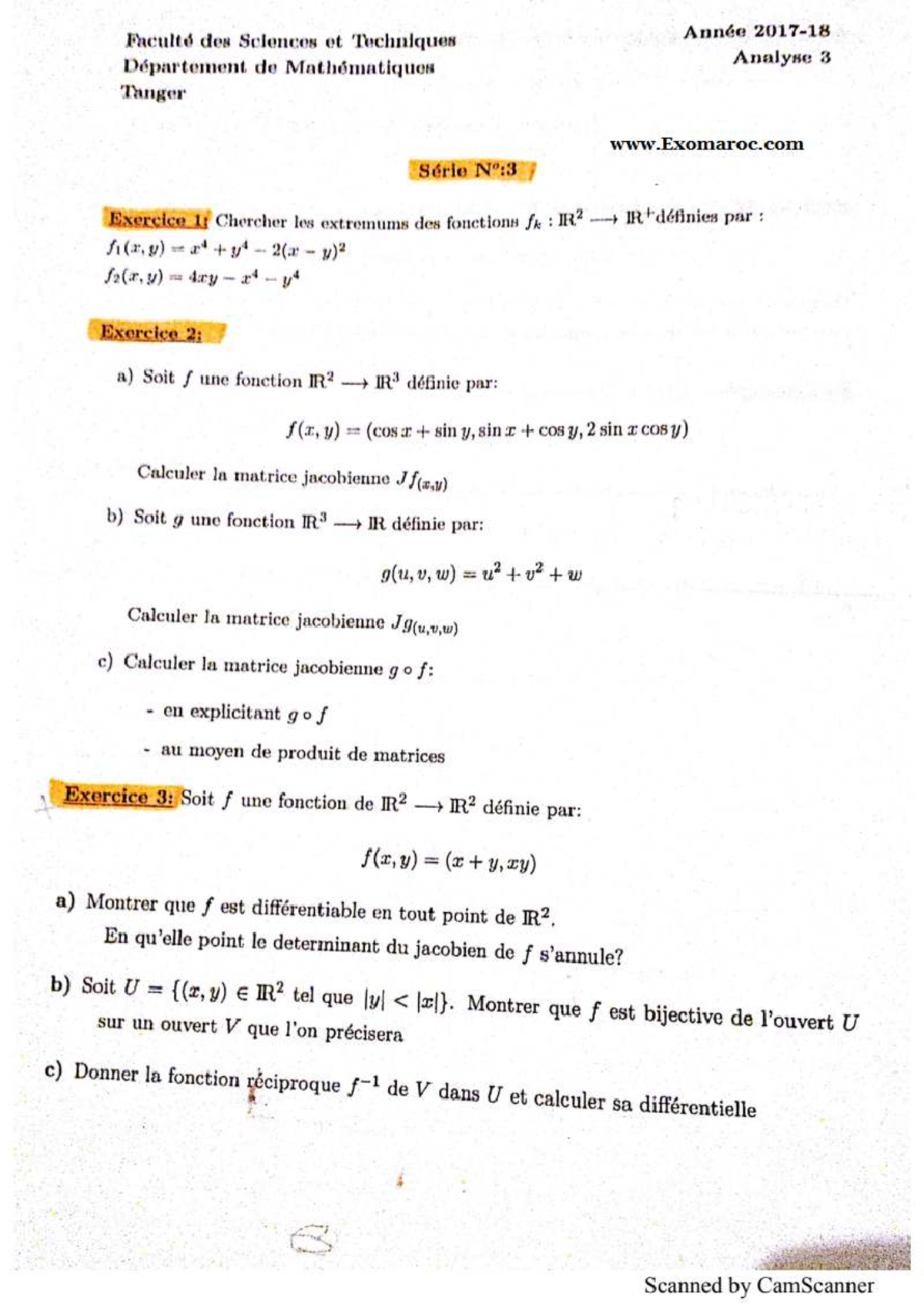 Analyse 3 - Exercice sur les Extremums et Matrices Jacobiennes - Studocu