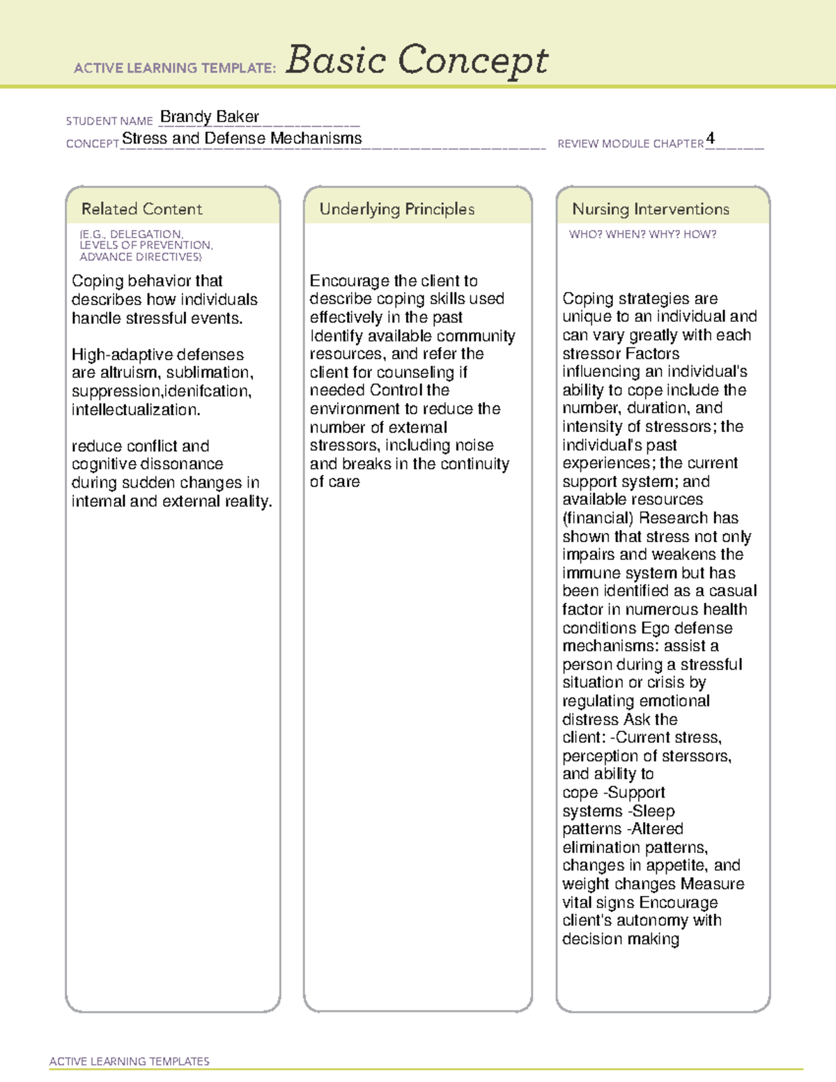 Stress and Defense mech ati - ACTIVE LEARNING TEMPLATES Basic Concept ...