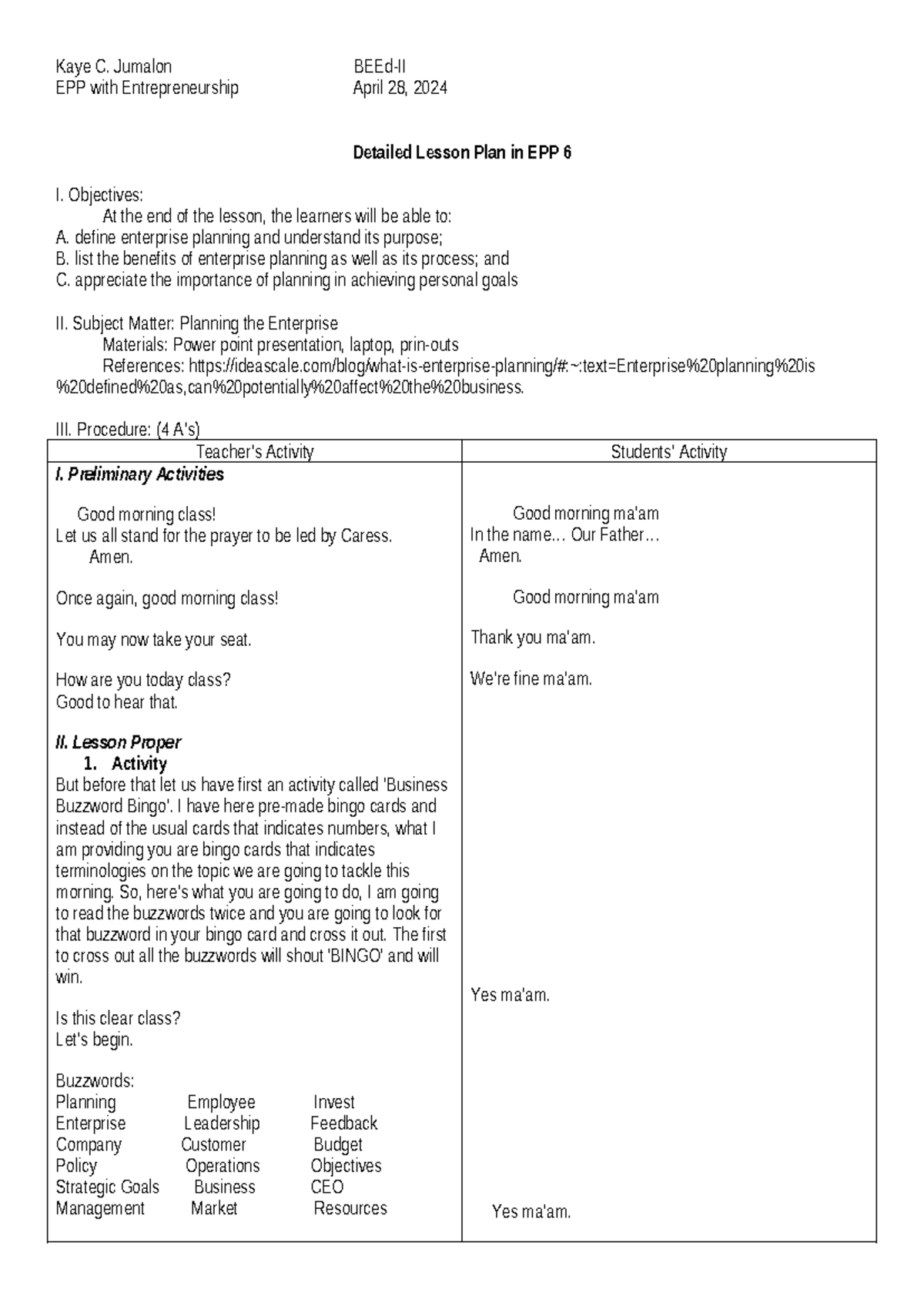 EPP 6 Detailed Lesson Plan: Planning the Enterprise Overview - Studocu