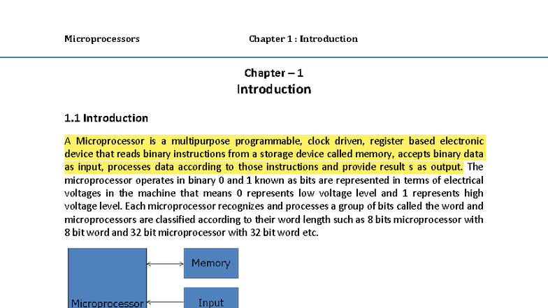 Microprocessors (CS101) Chapter 1: Introduction to Microprocessors - Studocu