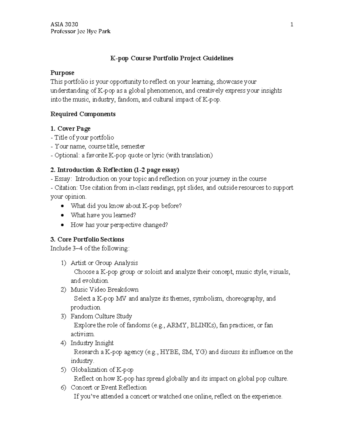 ASIA 3030 K-Pop Course Portfolio Project Guidelines - Studocu