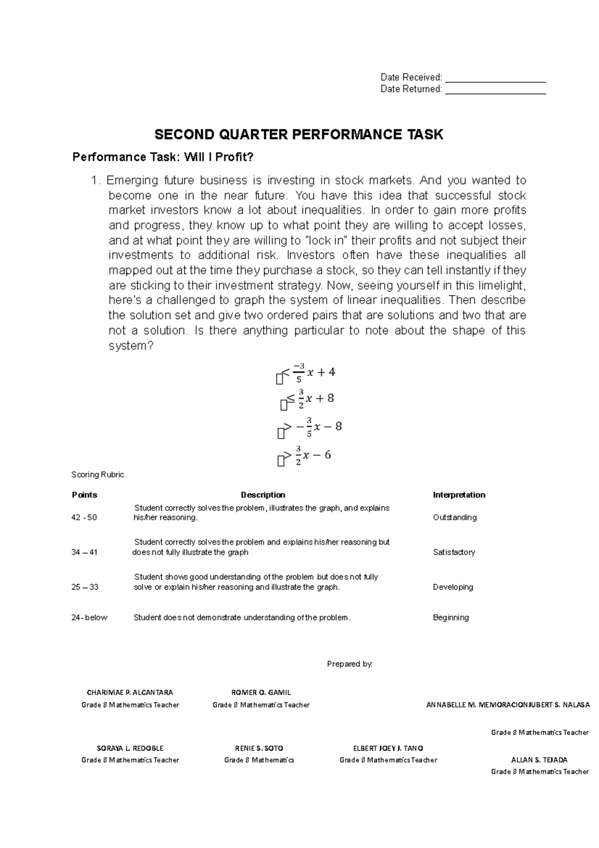 Q2 Math 8 Performance Task: Graphing Inequalities in Investing - Studocu
