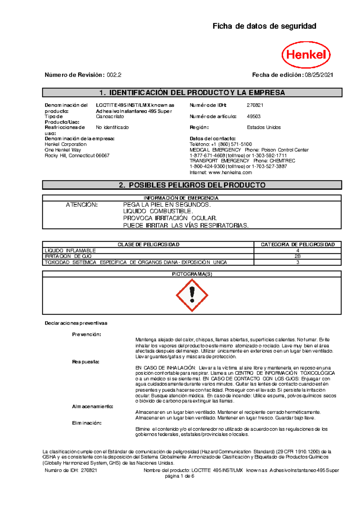 MSDS Loctite 495 Adhesivo Instantáneo - Seguridad y Manejo - Studocu