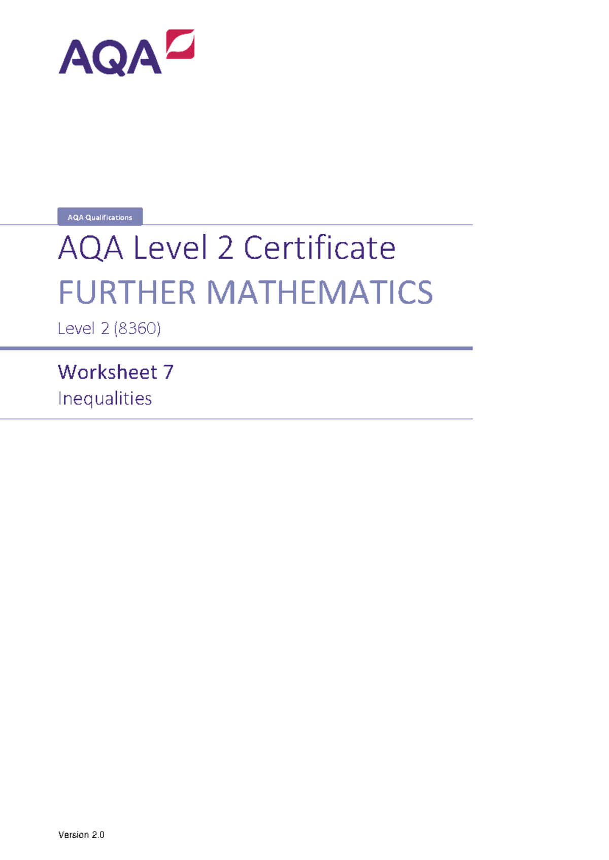 AQA Level 2 Further Mathematics (8360) Worksheet 7: Inequalities - Studocu