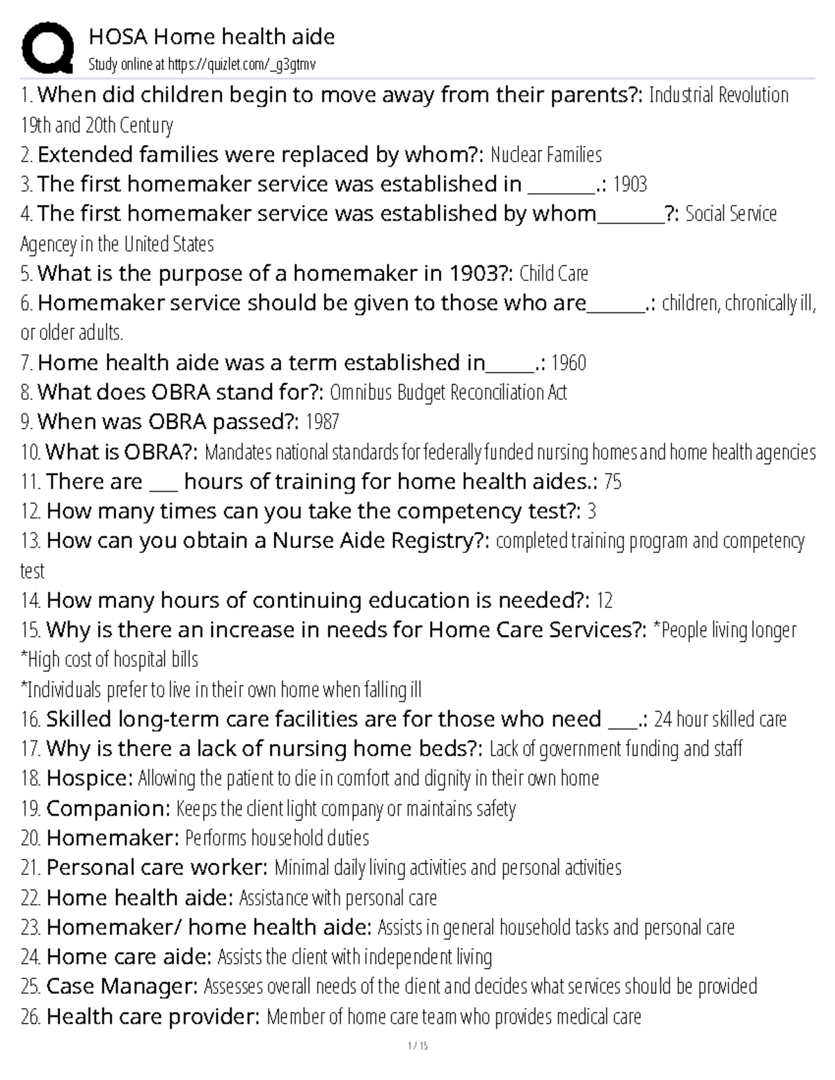 HOSA Home Health Aide Study Guide: Key Concepts and Terms - Studocu