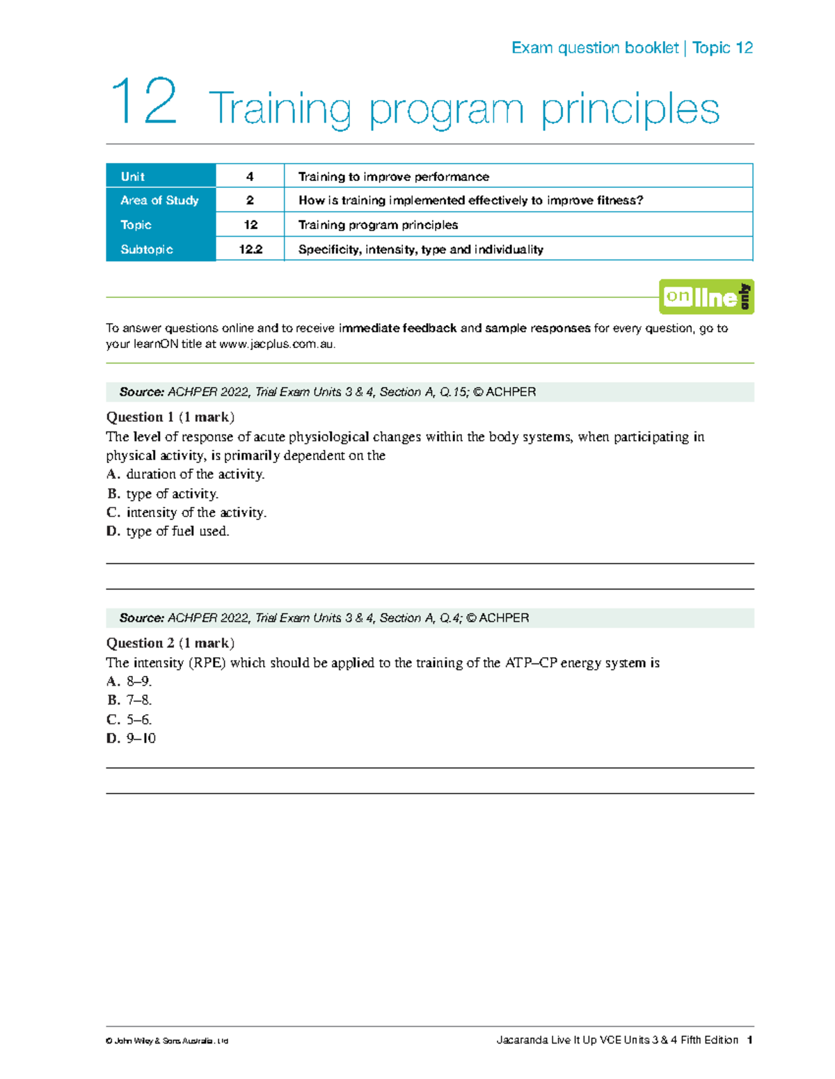 Chapter 12: Training Program Principles (VCE Units 3 & 4) - Studocu