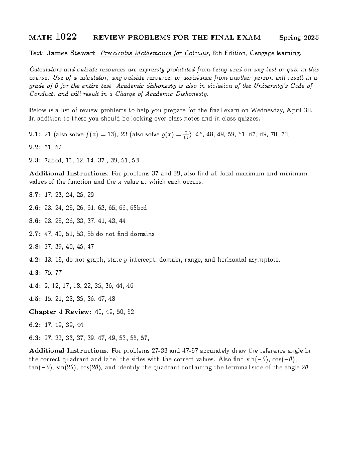 MATH 1022 Final Exam Review Problems - Spring 2025 - Studocu
