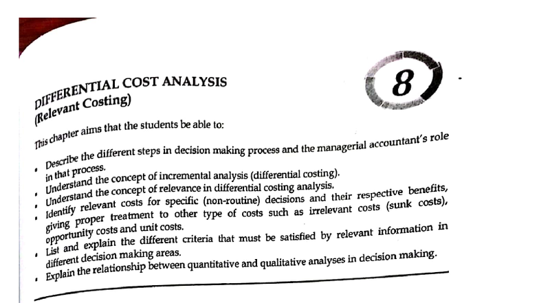 CS Chapter 8 Differential Cost Analysis: Key Concepts and Applications - Studocu