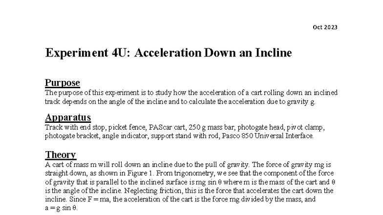 Lab 4 4U Incline Acceleration - Oct 2023 21 a Experiment 4U ...
