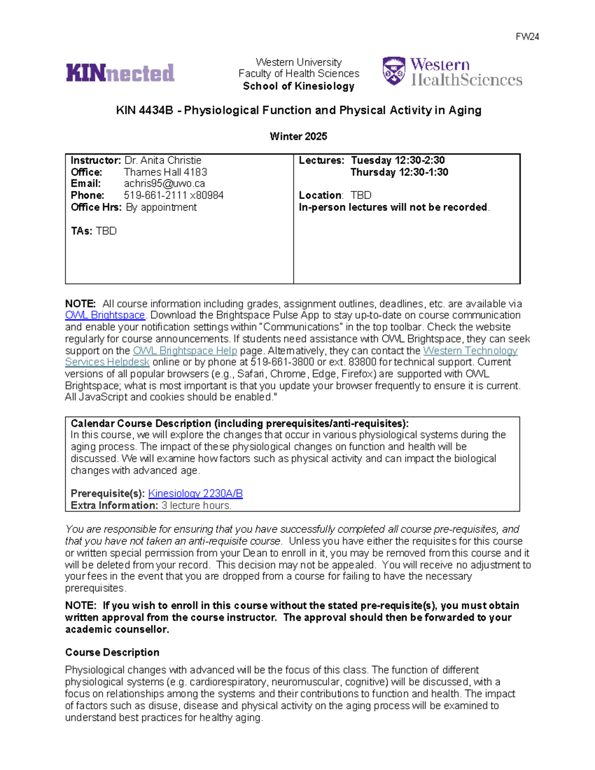 KIN 4434 Physiological Function in Aging course outline W2025 - Western ...