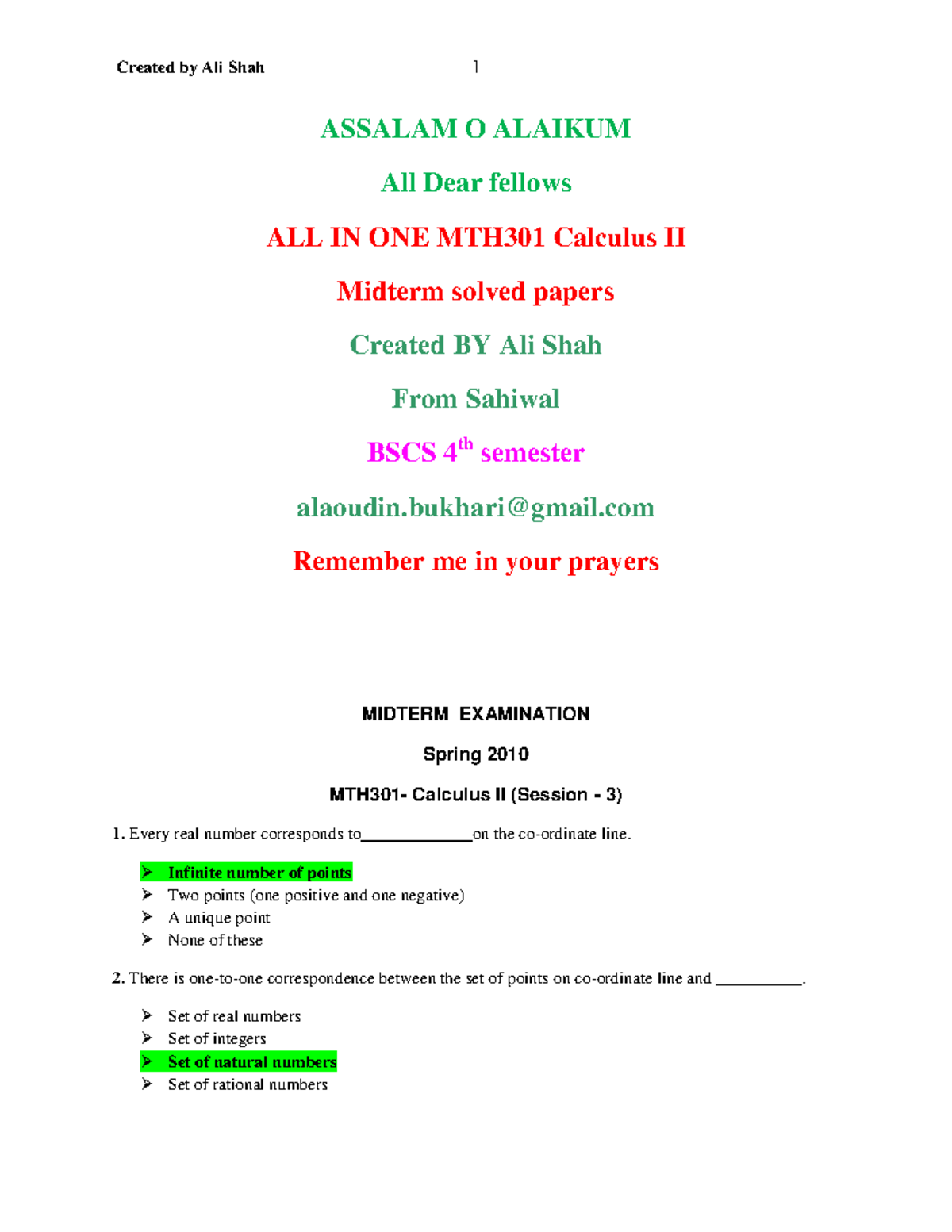 MTH301 Midterm Solved MCQs with Reference by Ali Shah - ASSALAM O ALAIKUM All Dear fellows ALL ...