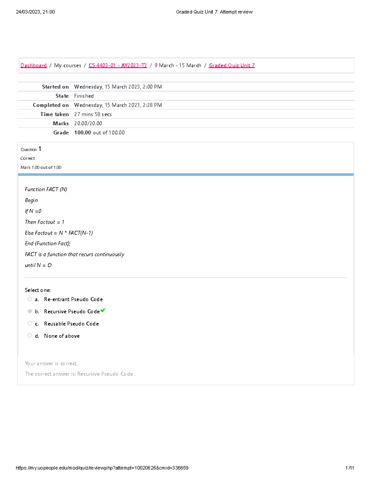 CS 4403-01 Graded Quiz Unit 7 Review and Results Summary - Studocu