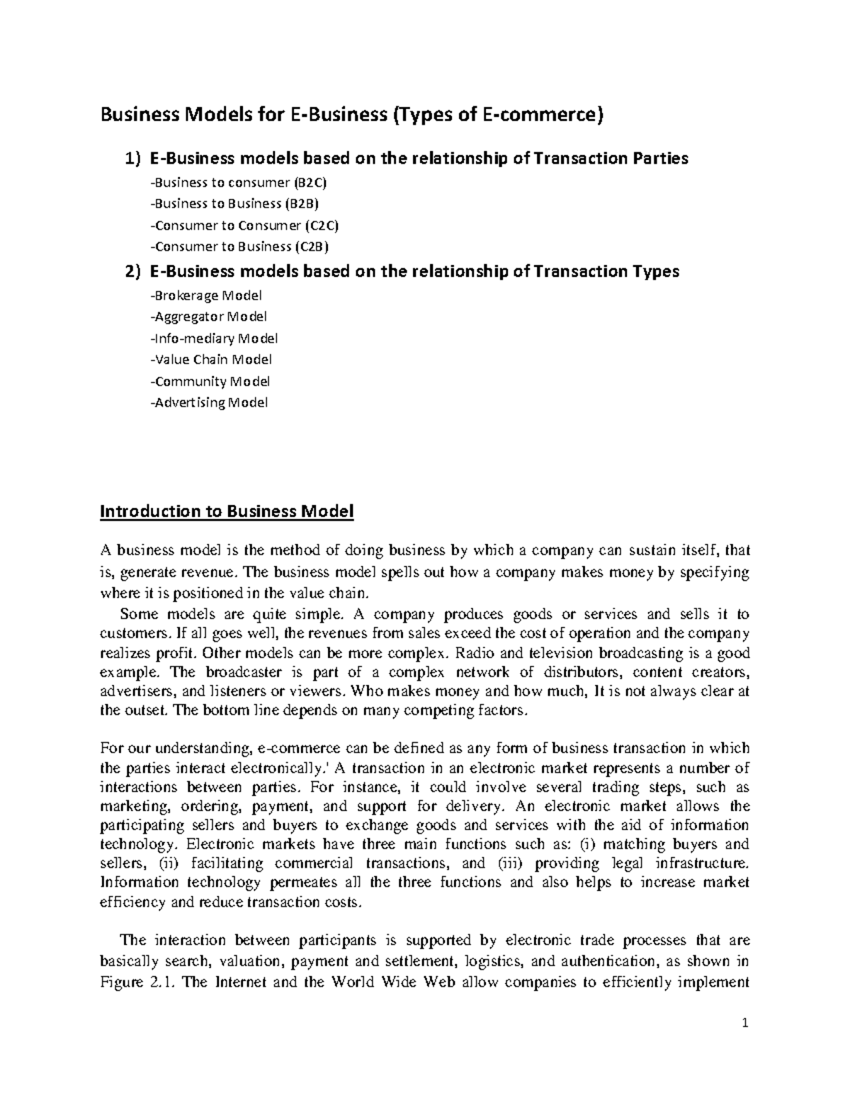 Business Models for E-Business (E-Commerce) Overview and Types - Studocu