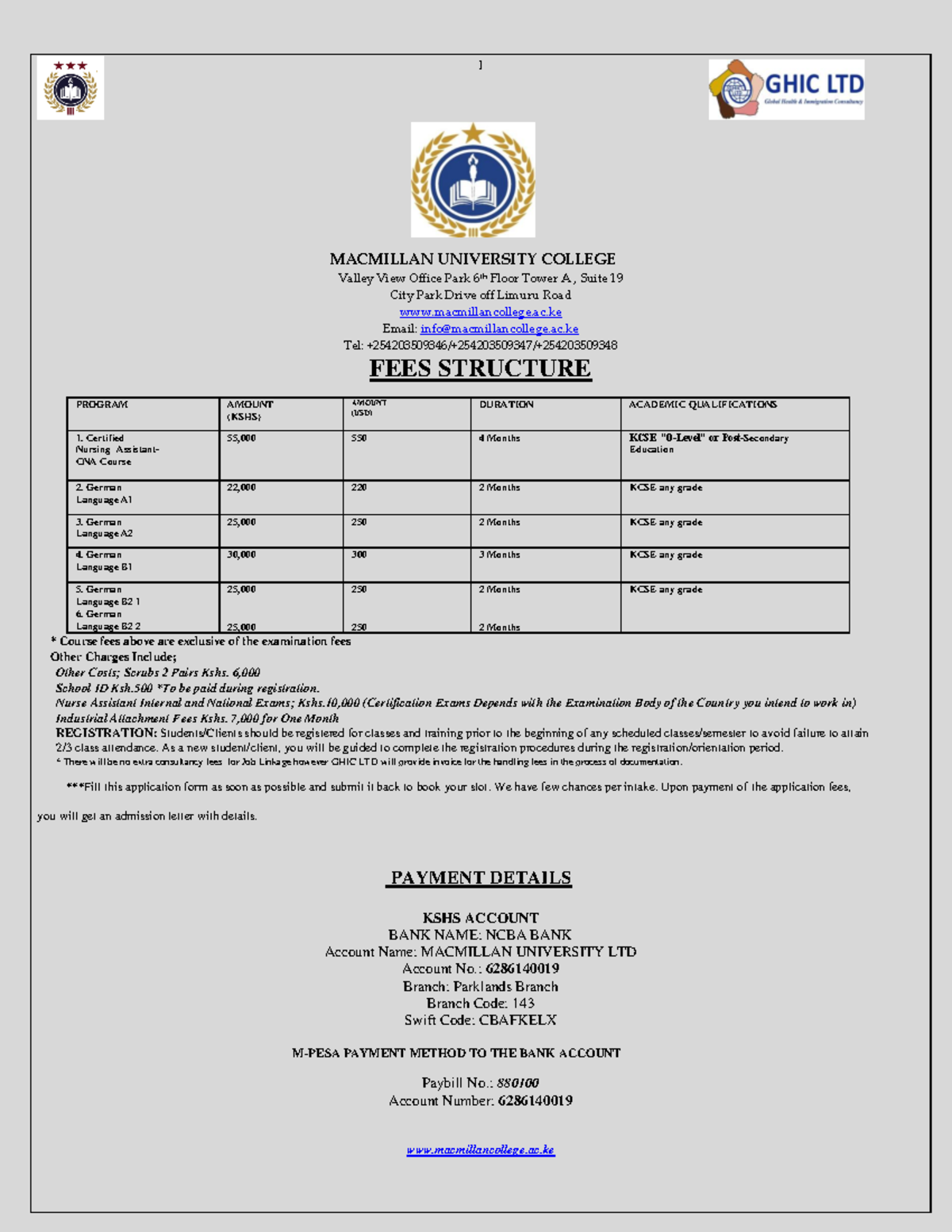 FEE Structure for July Intake at Macmillan Uni College - Studocu