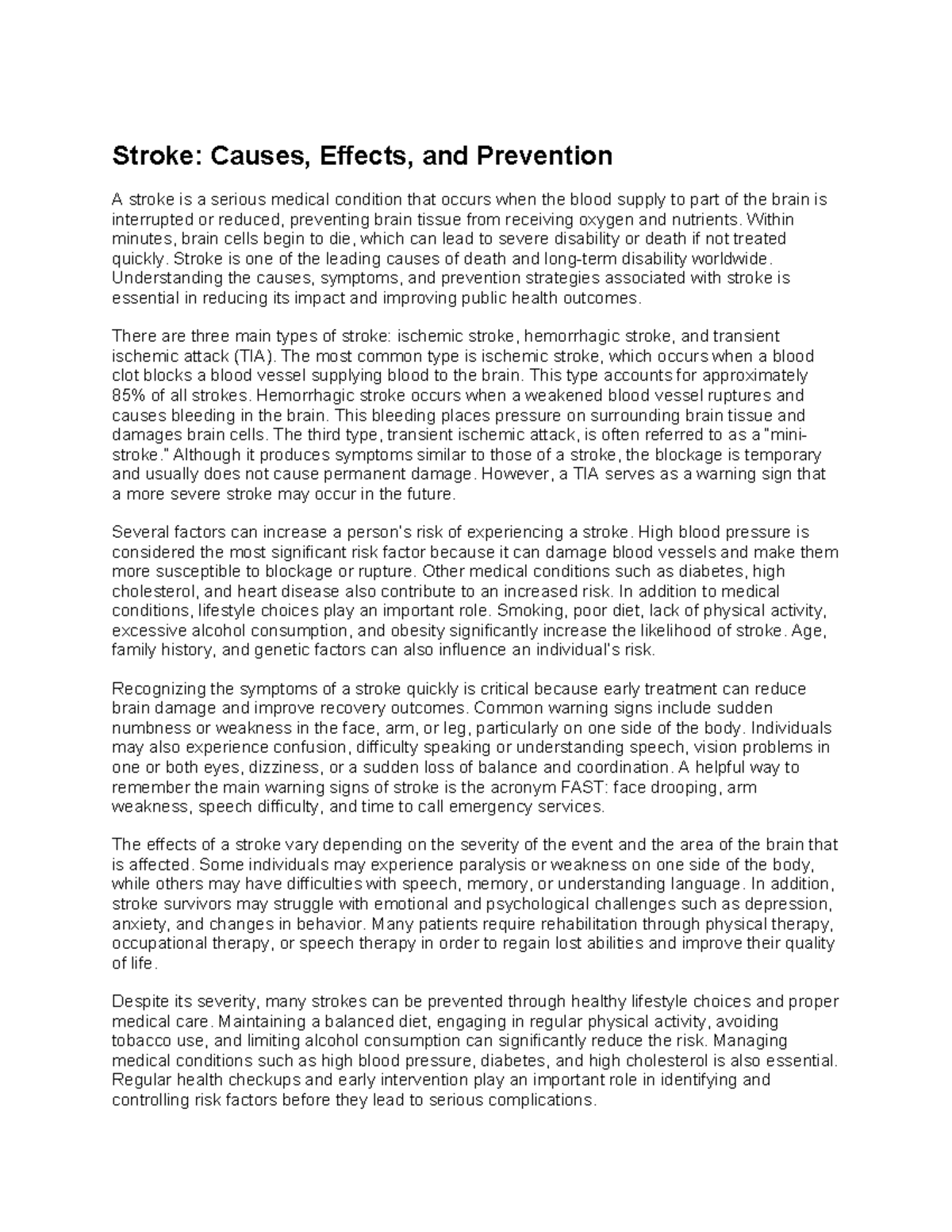 Stroke: Causes, Effects, and Prevention - Essay Notes - Studocu