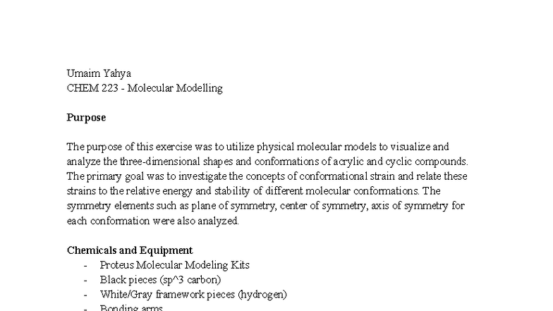 Molecular Modeling of Acyclic and Cyclic Compounds - CHEM 223 Lab ...