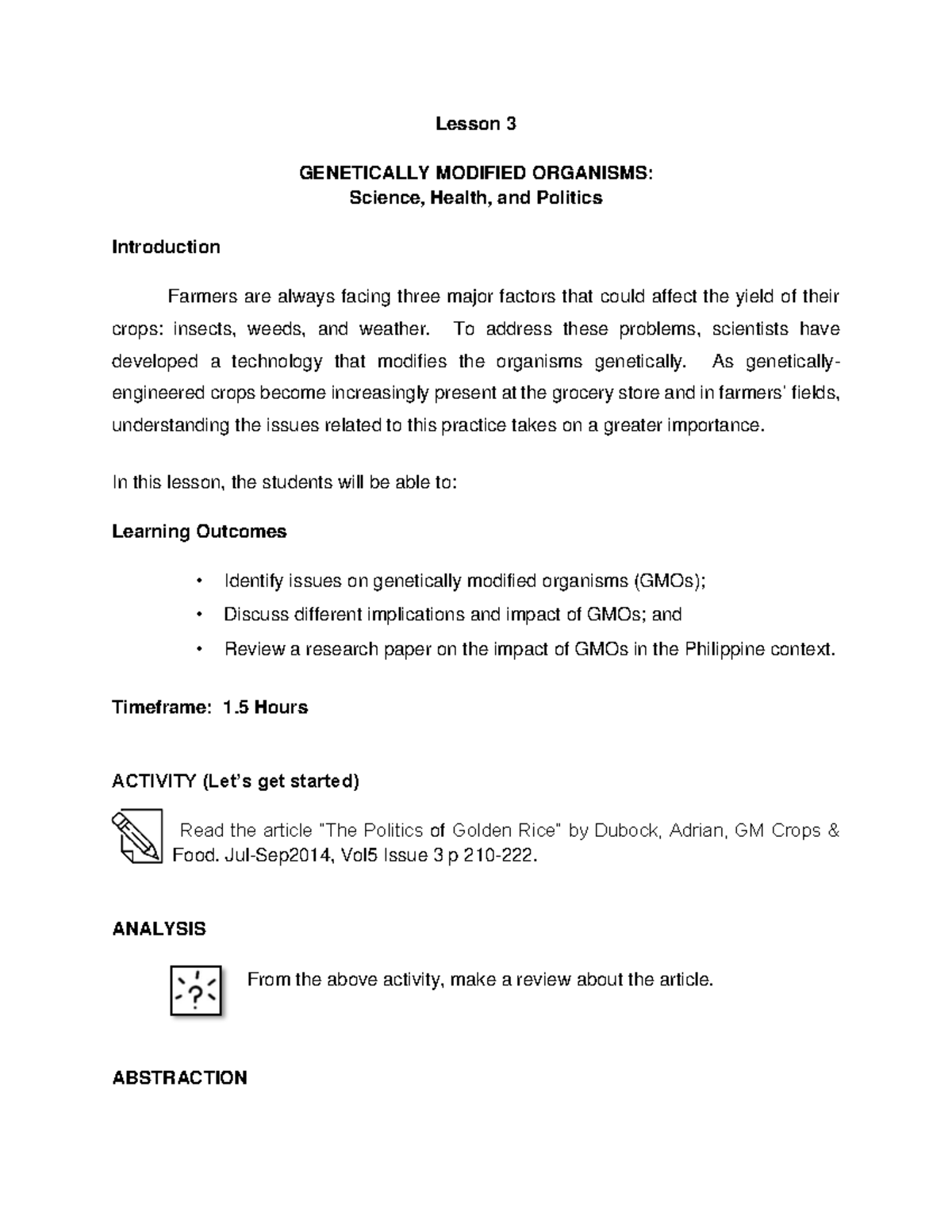 Module 3 lesson 3 the GMO - Lesson 3 GENETICALLY MODIFIED ORGANISMS ...