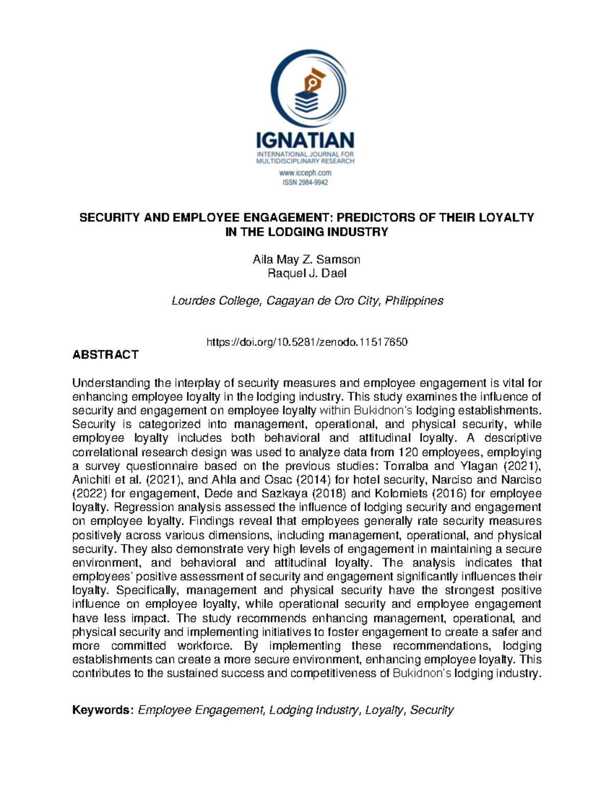 SECURITY & ENGAGEMENT: IMPACT ON EMPLOYEE LOYALTY IN LODGING INDUSTRY ...