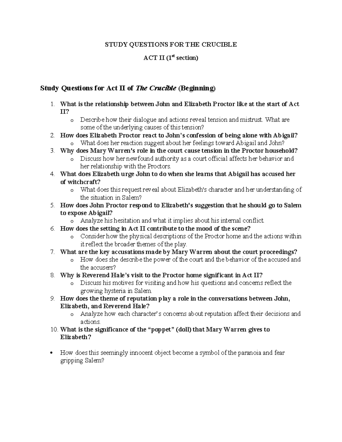 Study Questions FOR THE Crucible - STUDY QUESTIONS FOR THE CRUCIBLE ACT ...