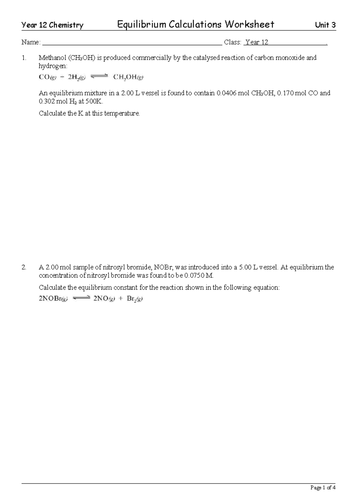 Year 12 Chemistry Unit 3: Equilibrium Calculations Worksheet - Studocu