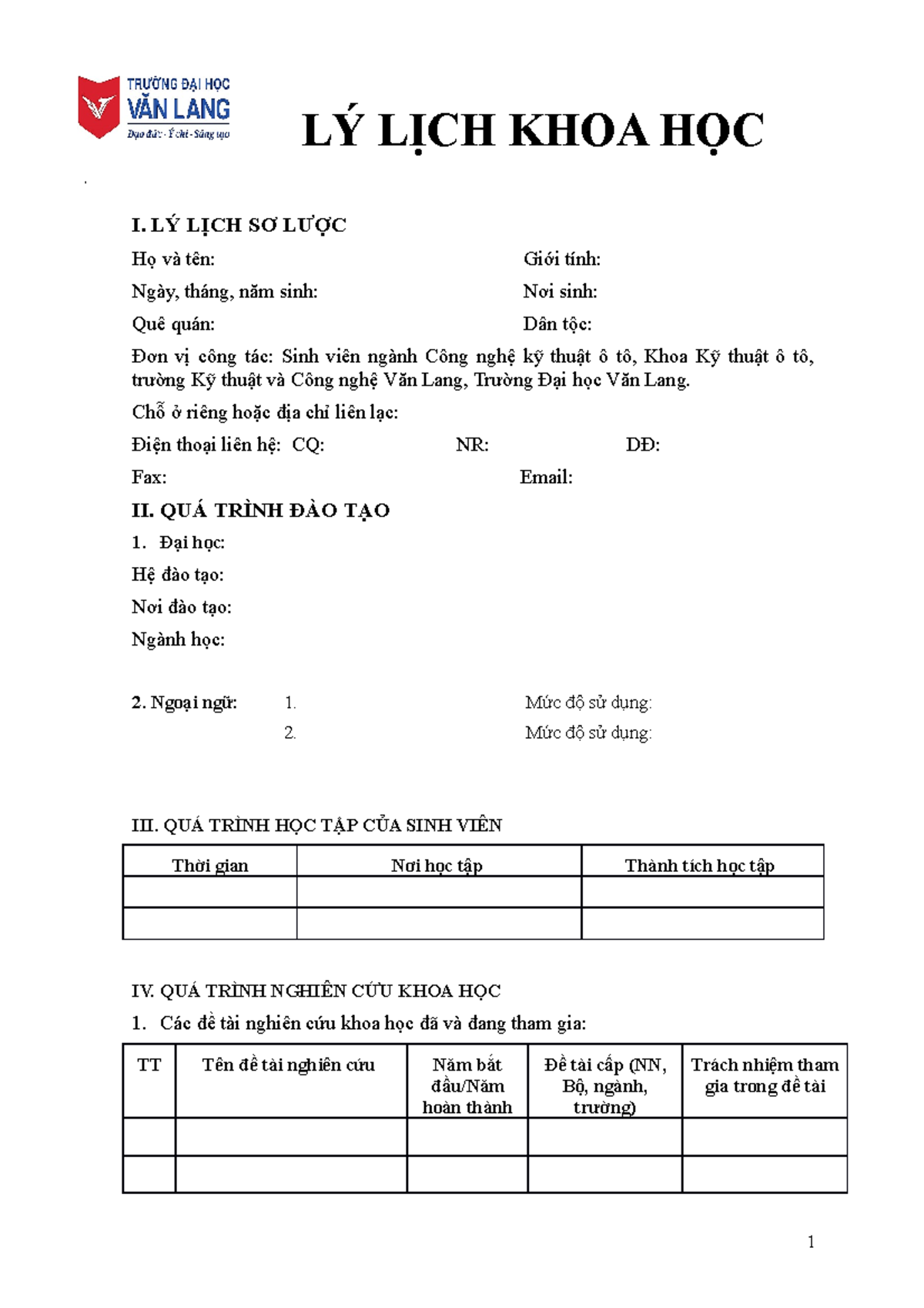 Lý Lịch Khoa Học Sinh Viên - Ngành CNKT Ô Tô - KOT - Studocu