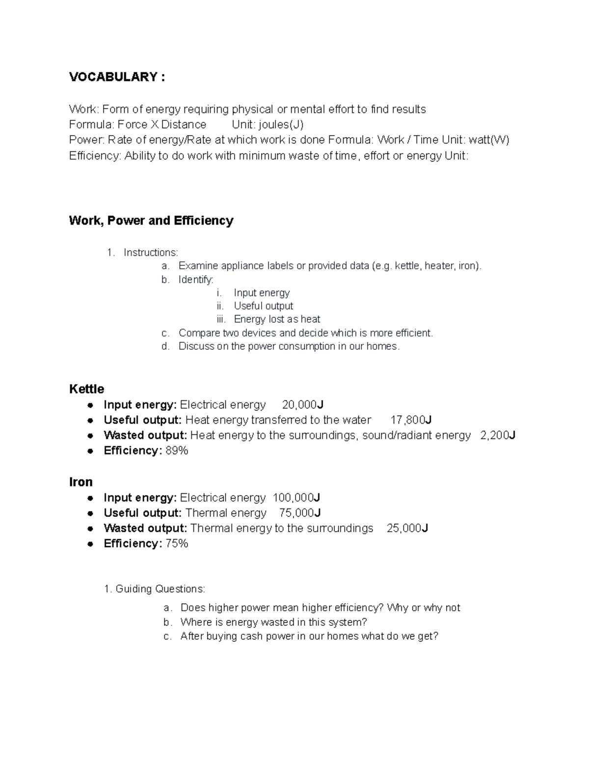 Work, Power, and Efficiency: Energy Analysis and Comparisons - Studocu