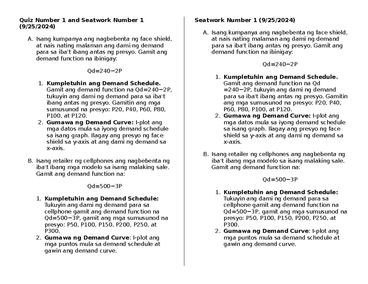 L1. Quiz Number 1 and Seatwork Number 1. Demand - Quiz Number 1 and Seatwork Number 1 (9/25/2024 ...