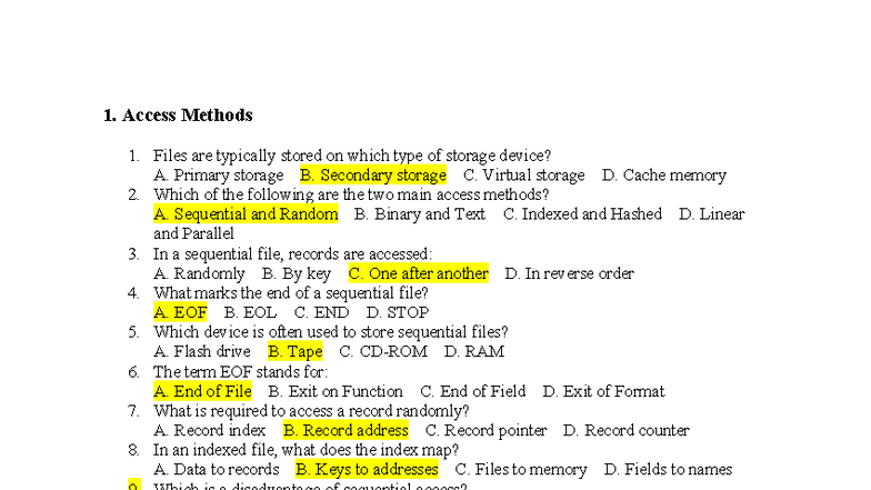 50 File Structure Quiz (CS101) - Access Methods & Hashing Techniques - Studocu