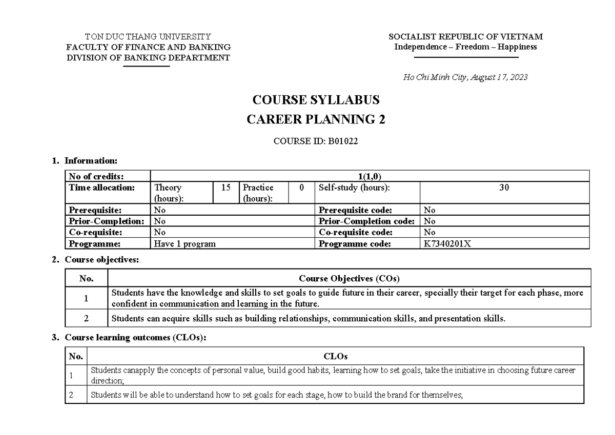 Syllabus for Career Planning 2 (B01022) - Ton Duc Thang University ...