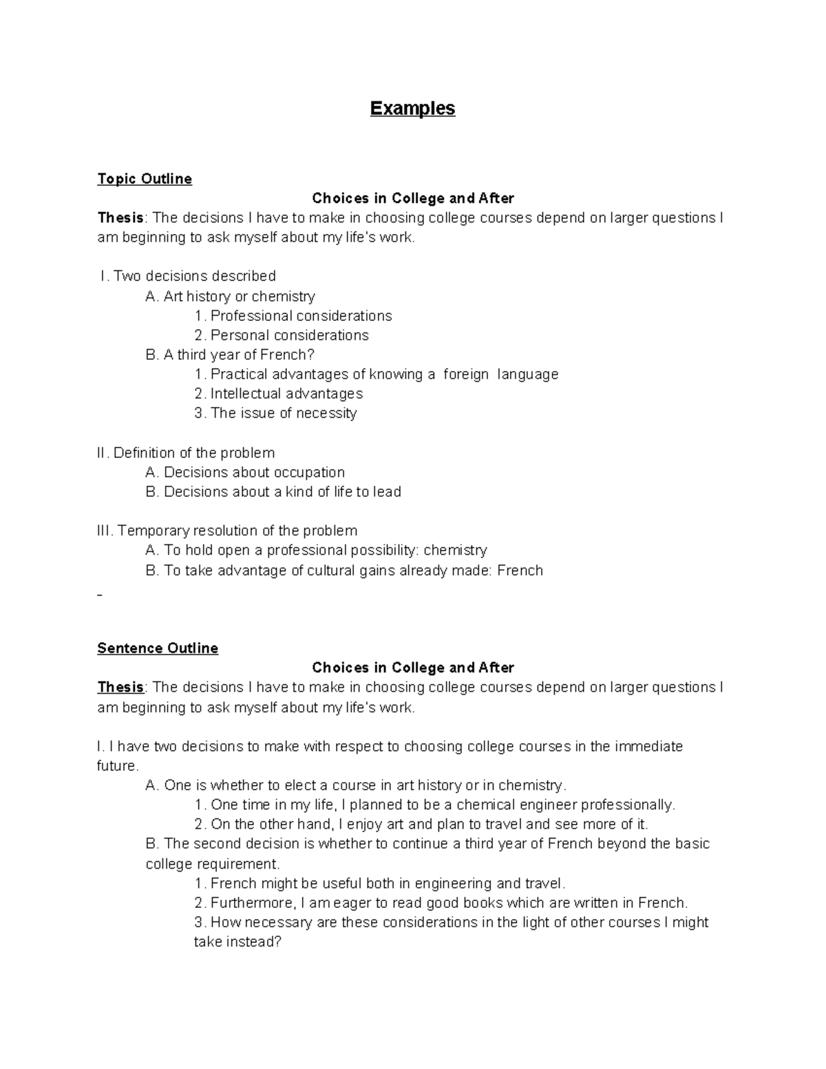 ENG 201 - Thesis Outline Examples for College Course Decisions - Studocu
